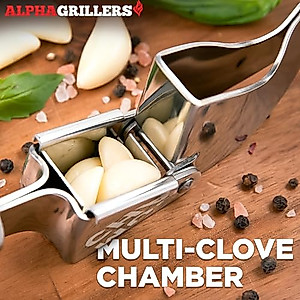 Alpha Grillers Garlic Press Stainless Steel - Premium Garlic Mincer with Silicone Garlic Peeler - Easy Squeeze Garlic Crusher, Grater and Grinder - Dishwasher Safe Easy Clean Kitchen Gadget