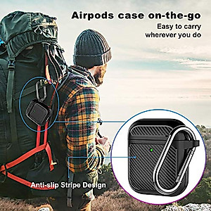 Compatible Airpod Case for Men Full-Body Rugged Protective Carbon Fiber airpod case Texture Skin Series for Apple AirPods 2 & 1 case Cover with Keychain for Apple Airpods-Black