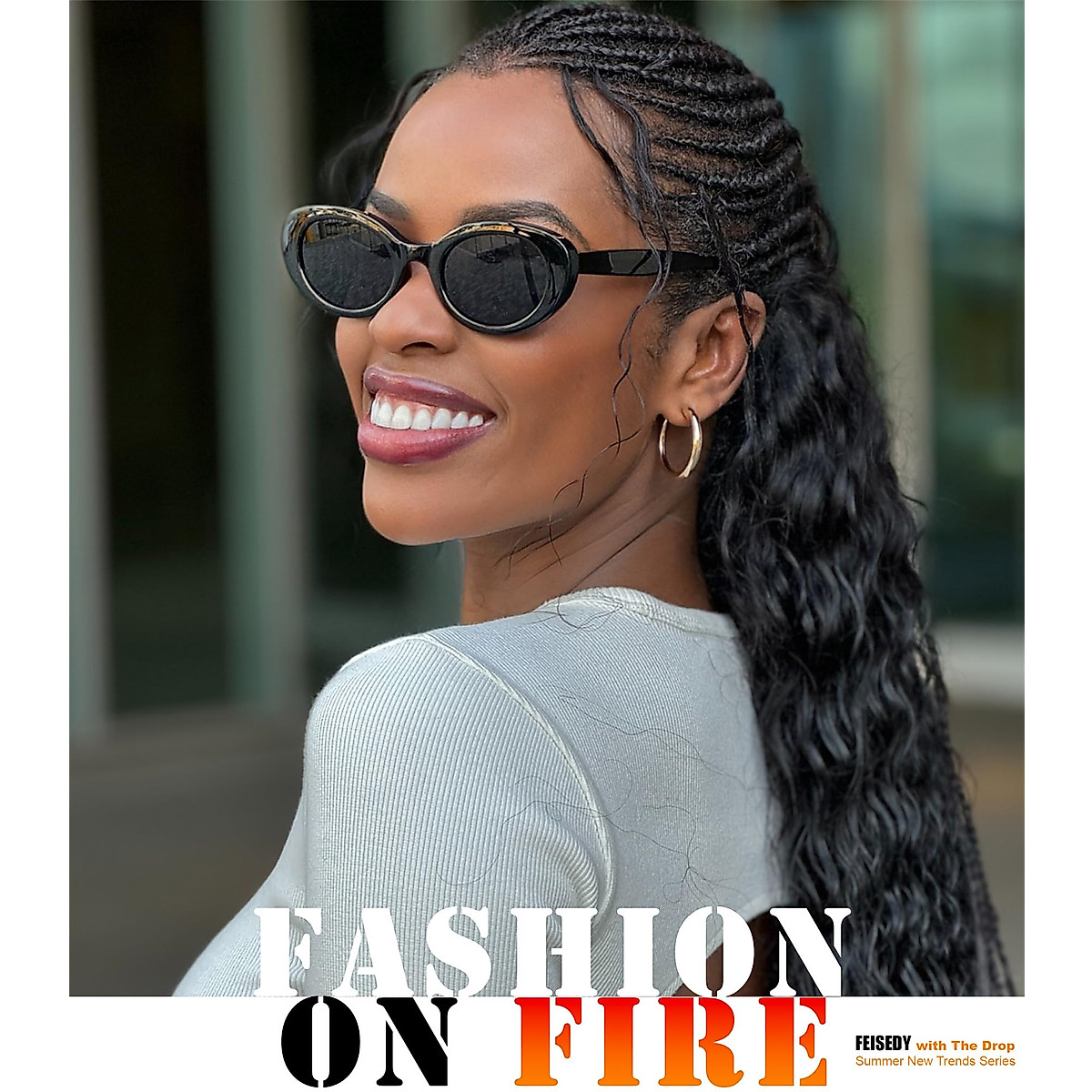 FEISEDY Sunglasses Womens, Retro Oval Cateye Sun Glasses Men, Small 90s Style B4128