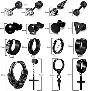 16 Pairs Men Earrings Set - Black Stainless Steel Cross Dangle Hoop & Ear Stud Fashion Piercing Jewelry for Birthdays, Parties & More