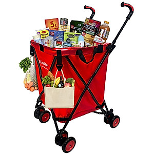 EasyGo Rolling Cart Folding Grocery Shopping Cart Laundry Basket Rolling Utility Cart with Wheels – Removable Canvas Bag - Versa Wheels & Rear Brakes - Easy Folding 120lbs Capacity – Copyrighted – RED