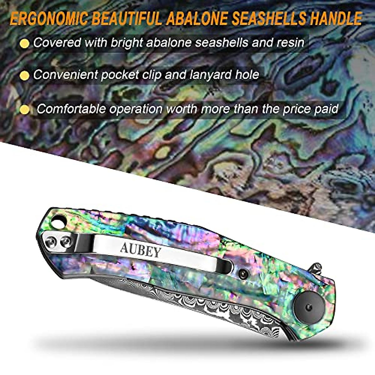 AUBEY Damascus Pocket Knife for Men Women, 3.23 inch Blade of EDC Hunting Knives with Abalone Shell Handle, Ball Bearing, Liner Lock - Sharp Damascus Steel Knife with Clip, Gift for Camping