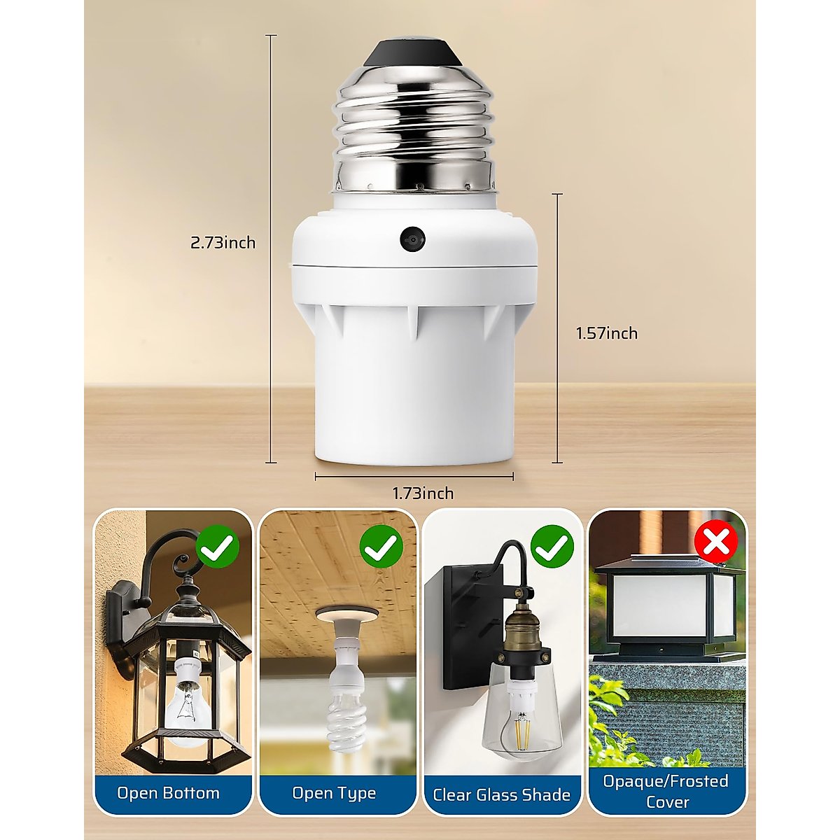 DEWENWILS Light Sensor Socket for Light Fixtures, Automatic Dusk to Dawn Light Bulb Sockets, Compatible with Incandescent/CFL/LED/Halogen Bulbs, 2 Pack