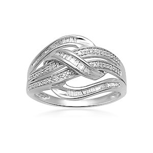 Jewelili Sterling Silver 1/3 Cttw Natural White Baguette and Round Diamond Crossover Ring, Size 7
