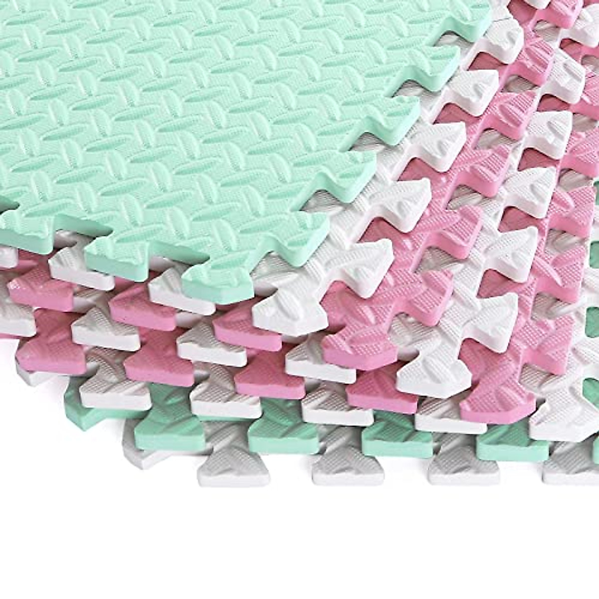 Tamiplay 16 Tiles Foam Play Mat, 0.4 Inch Thicked Interlocking Floor Mats with Solid Colors, Squares Baby Play Mat, EVA Foam Puzzle Floor Mat Foam Mats for Kids, Baby, Toddlers(White/Pink/Bean Green)