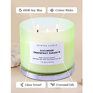 Cucumber Grapefruit Paradise Large Candle - 3 Wick Candle - Highly Scented Candle for Home 15.8 Oz - Natural Soy Candle Long Lasting, Clean Burn - Aromatherapy Stress Relief Candle for Men & Women