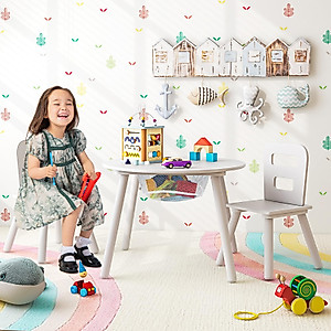 HONEY JOY Kids Table and Chair Set, Wooden Children Activity Table and 2 Chairs for Art & Craft, Storage Mesh Basket, 3-Piece Toddler Furniture Set for Daycare & Playroom, Gift for Boys Girls (White)