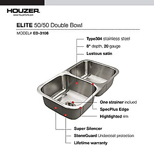 HOUZER ED-3108-1 Elite Series Undermount Stainless Steel 50/50 Double Bowl Kitchen Sink, Satin