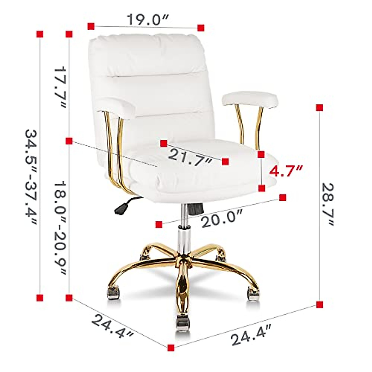 KLASIKA Ergonomic Office Desk Chair for Heavy People with Wheels and Arms, Faux Leather Computer Chair for Home Bedroom Office, White Chair Gold Caster