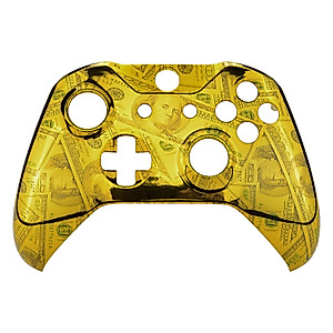 eXtremeRate Chrome Gold 100 Cash Money Dollar Front Housing Shell Case, Glossy Patterned Faceplate Cover Replacement Kit for Xbox One S & One X Controller (Model 1708)