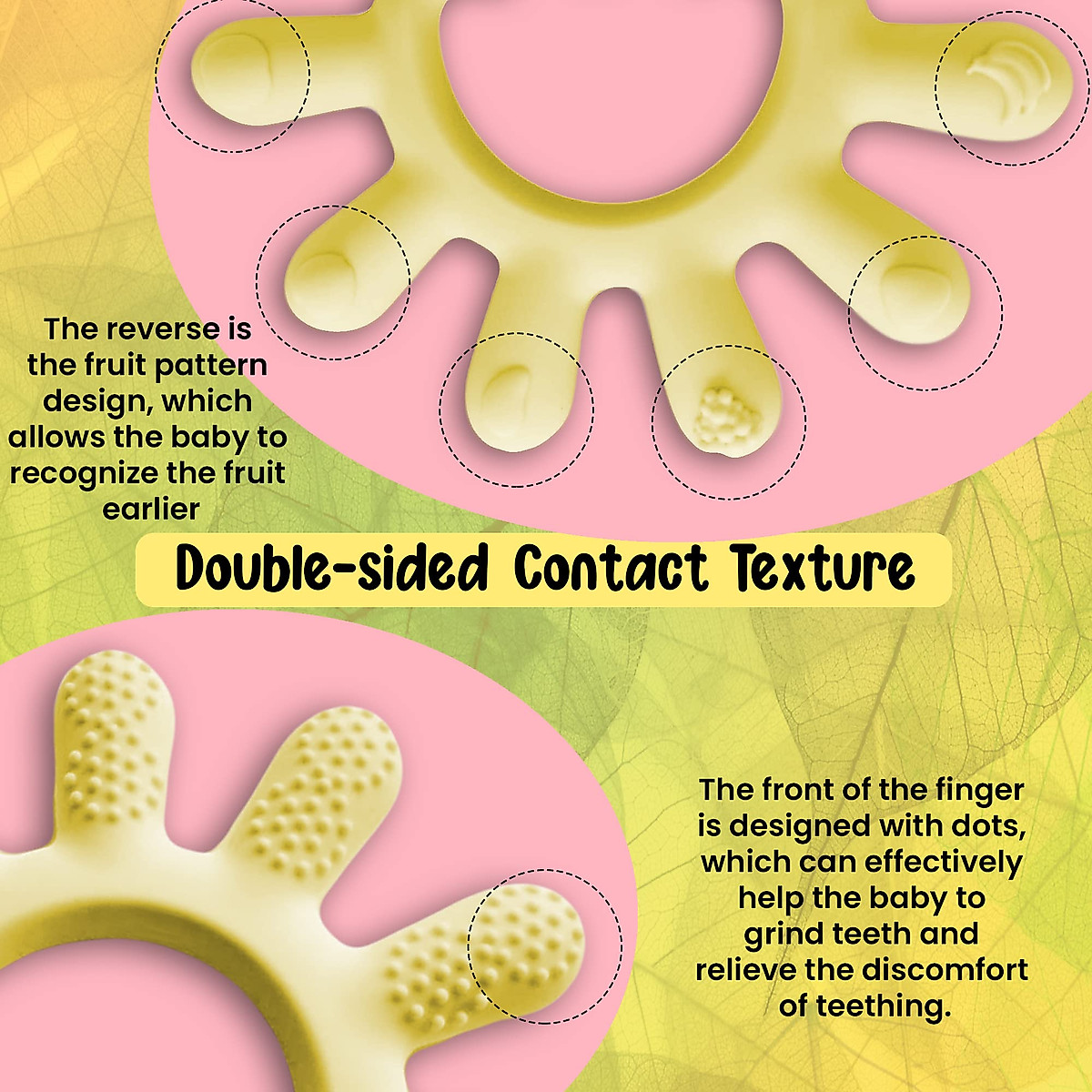 BABYmimi Silicone Teether - Finger-Shaped Organic Baby Teether Toys to Chew On - for Teething Relief, Babies - Pastel-Colored Fruit Design, Rising Dots - Food-Grade Material - BPA Free