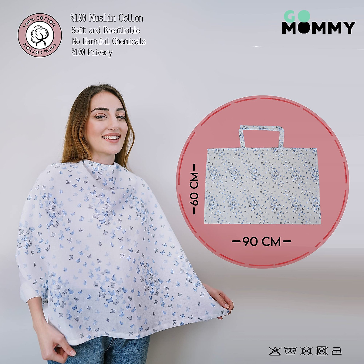 Go Mommy Muslin Nursing Cover for Baby Breastfeeding, Breathable 100% Cotton Breastfeeding Cover for Mother Nursing Apron, Multi-use Carseat Canopy