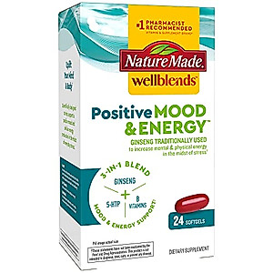 Nature Made Wellblends Positive Mood & Energy, 5HTP, Thiamin, Niacin, Vitamin B6, Vitamin B12, and Pantothenic Acid, plus Ginseng, 24 Softgels