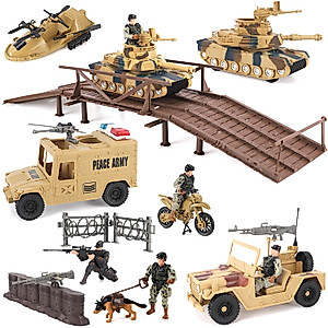 Liberty Imports 42 PCS Military Base Toy Combat Zone Playset - Battle Site with Tanks, Boat, Motorcycle, Trucks, Army Men Soldier Action Figures, Weapons, and Accessories for Kids