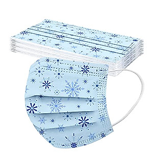 Wtosuhe 50Pcs Adults Disposable Frozen Snowflake Face_Masks with Cartoon Designs, 3-Ply Winter Breathable FaceMasks with Nose Wire for Women Man Holiday Work Travel (Snow_C) (Snow_C)