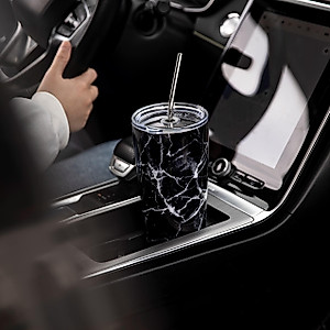 THILY Stainless Steel Vacuum Insulated Tumbler Travel Mug 26 oz Coffee Cup with 2 Lids and Straws, Splash Proof, Keep Ice Drinks Cold, Black Marble