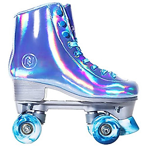 JajaHoho Roller Skates for Women, Holographic High Top Faux Leather Rollerskates, Shiny Double-row four colour mixture wheels Quad Skates for Girls and Age 8-51 Indoor Outdoor (Very Peri Blue, Size 9)