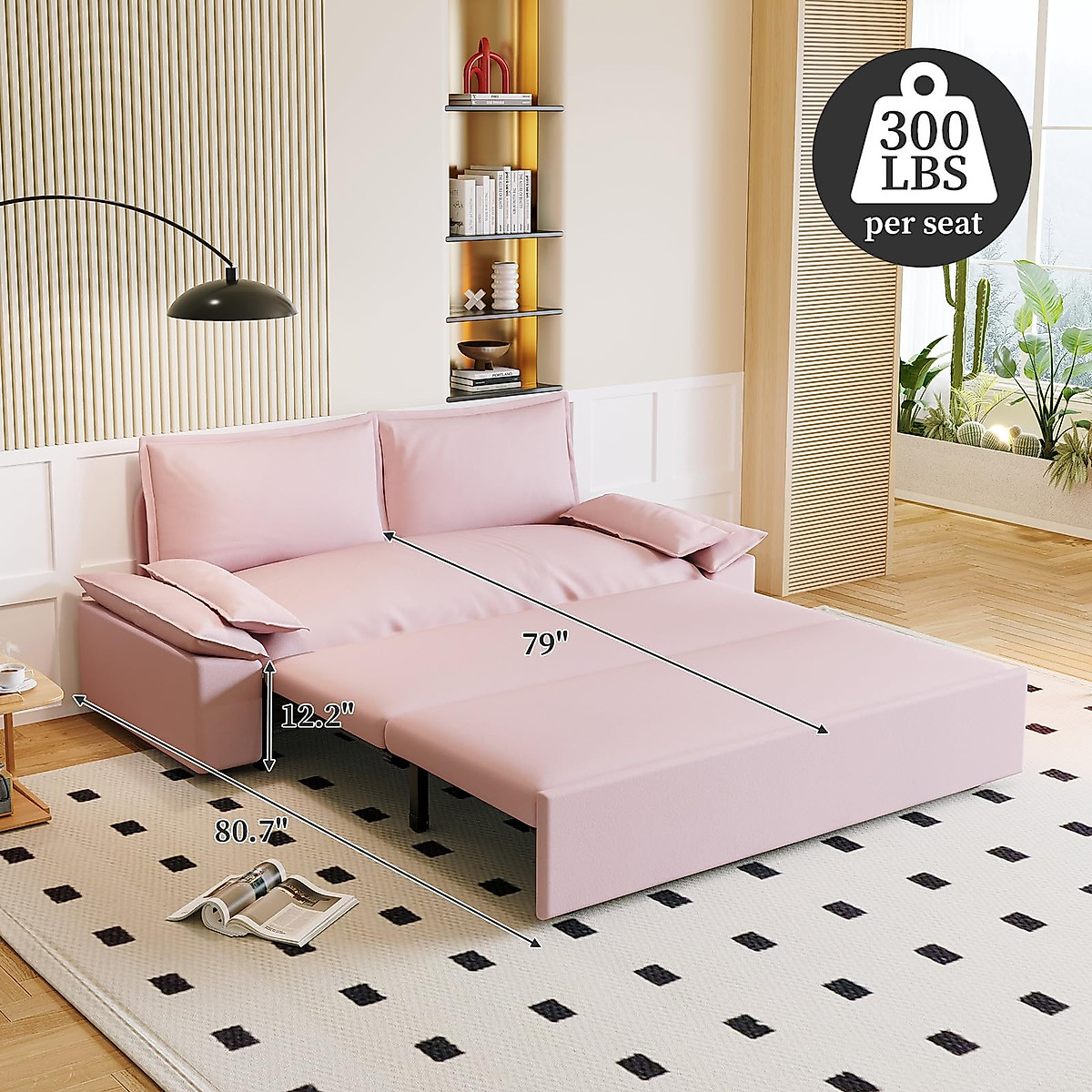 Rovibek 3 in 1 Convertible Sleeper Sofa Bed Queen Size Pull Out Couch Futon Loveseat Velvet Chaise Lounge 2 Seat for Living Room Apartment Small Space, Pink