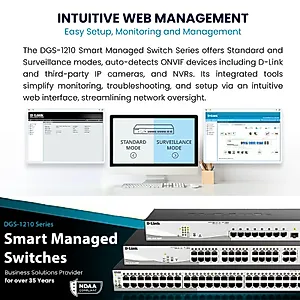 D-Link 26-Port Gigabit Smart Managed Switch | 24 GbE + 2 SFP Ports | L2+ | VLANs | Cable Diagnostics | Web Managed | Desktop or Rackmount | Fanless | NDAA Compliant |Lifetime Warranty (DGS-1210-26)