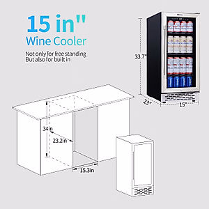 15 Inch Beverage Refrigerator Under Counter, Small Beverage Fridge with Glass Stainless Steel Door&Lock,130 Cans Beverage Cooler For Home, Built-in/Freestanding Mini Fridge for Beer Soda Wine Water