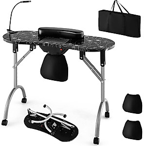 Giantex Nail Table for Nail Tech, Portable Manicure Table with Electric Dust Collector, USB-plug LED Lamp, Wrist Rest, 4 Lockable Wheels, Foldable Nail Desk with Carry Bag (Black)