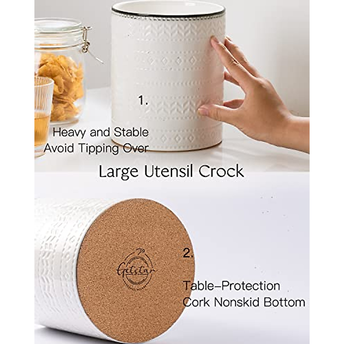 Getstar Large (7.2” x 6.2”) Kitchen Counter, Ceramic Cooking Utensil Holder with Protective & Non-Slip Cork Mat, Farmhouse Kitchen Decor