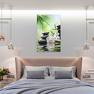 Zen Spring Garden Japanese Style Wall Decor Poster for Home,Spa Black Stone White Flower Green Bamboo Print Canvas Art Picture Print Modern Family Bedroom Decor Posters 24x36inch(60x90cm)