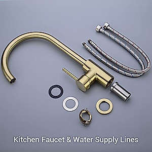Solid Brass Kitchen Faucet Single Handle 1 Hole 360-Degree Swivel Gooseneck Bar Sink Mixer Tap, Brushed Gold