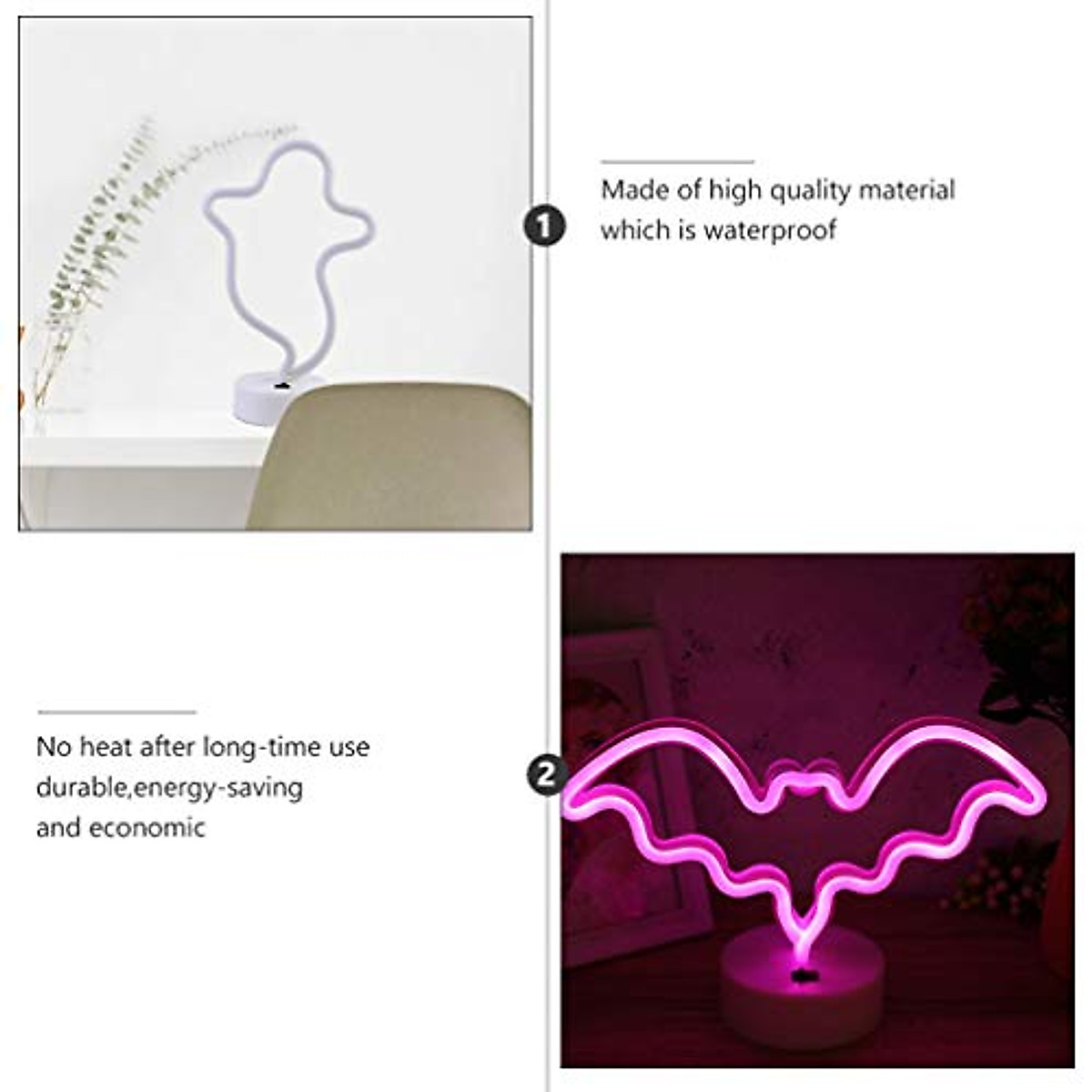OSALADI 2pcs Halloween Neon Signs Light Ghost Bat Festival Decorative Bedside Lamp LED Table Neon Light for Bedroom Nursery Without Battery (White)