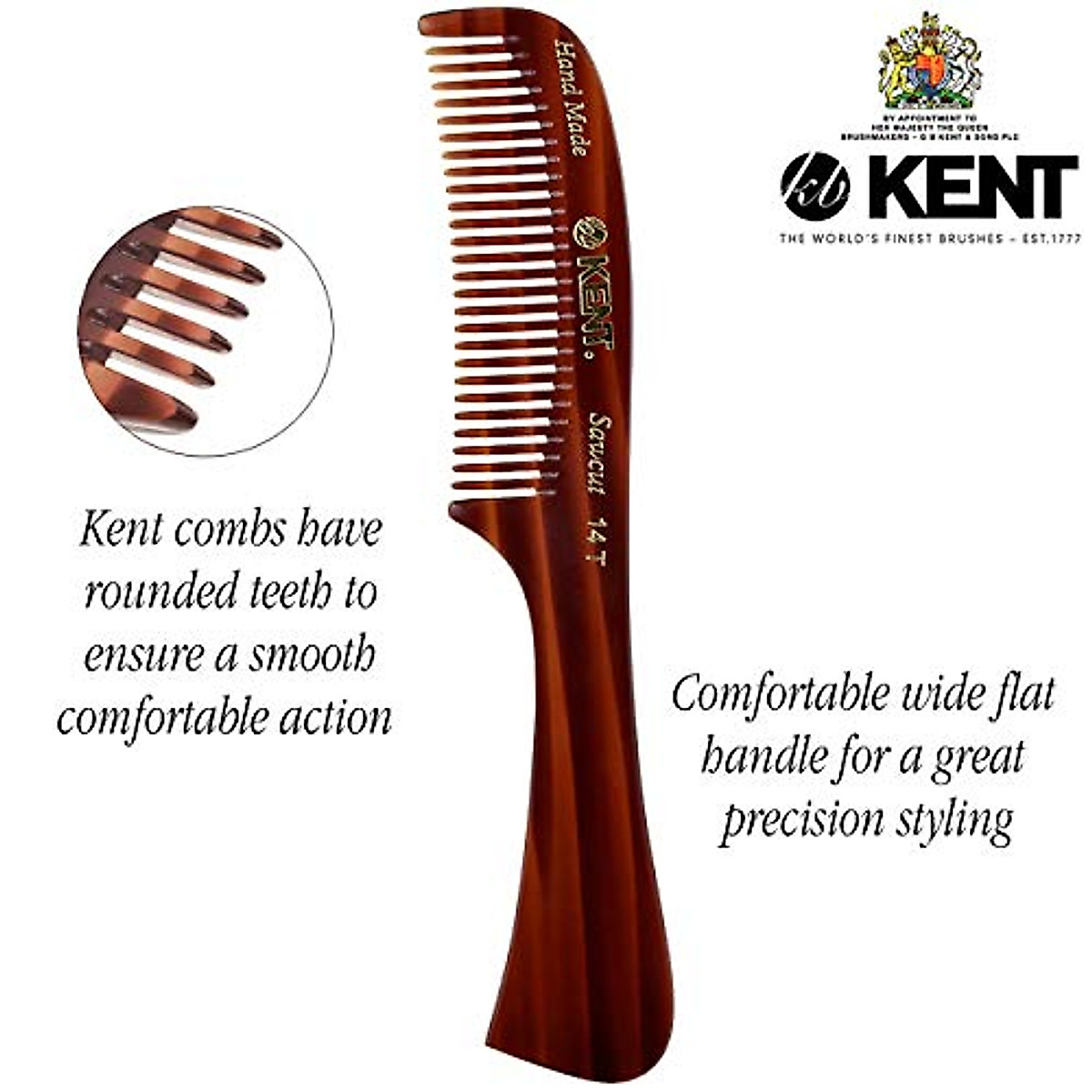 Kent 14T Large all Coarse Hair Detangling Comb, Wide Teeth for Long Thick Curly Wavy Hair. Hair Detangler Comb For Wet and Dry. Rake Comb Saw-Cut from Cellulose and Hand Polished, Handmade in England