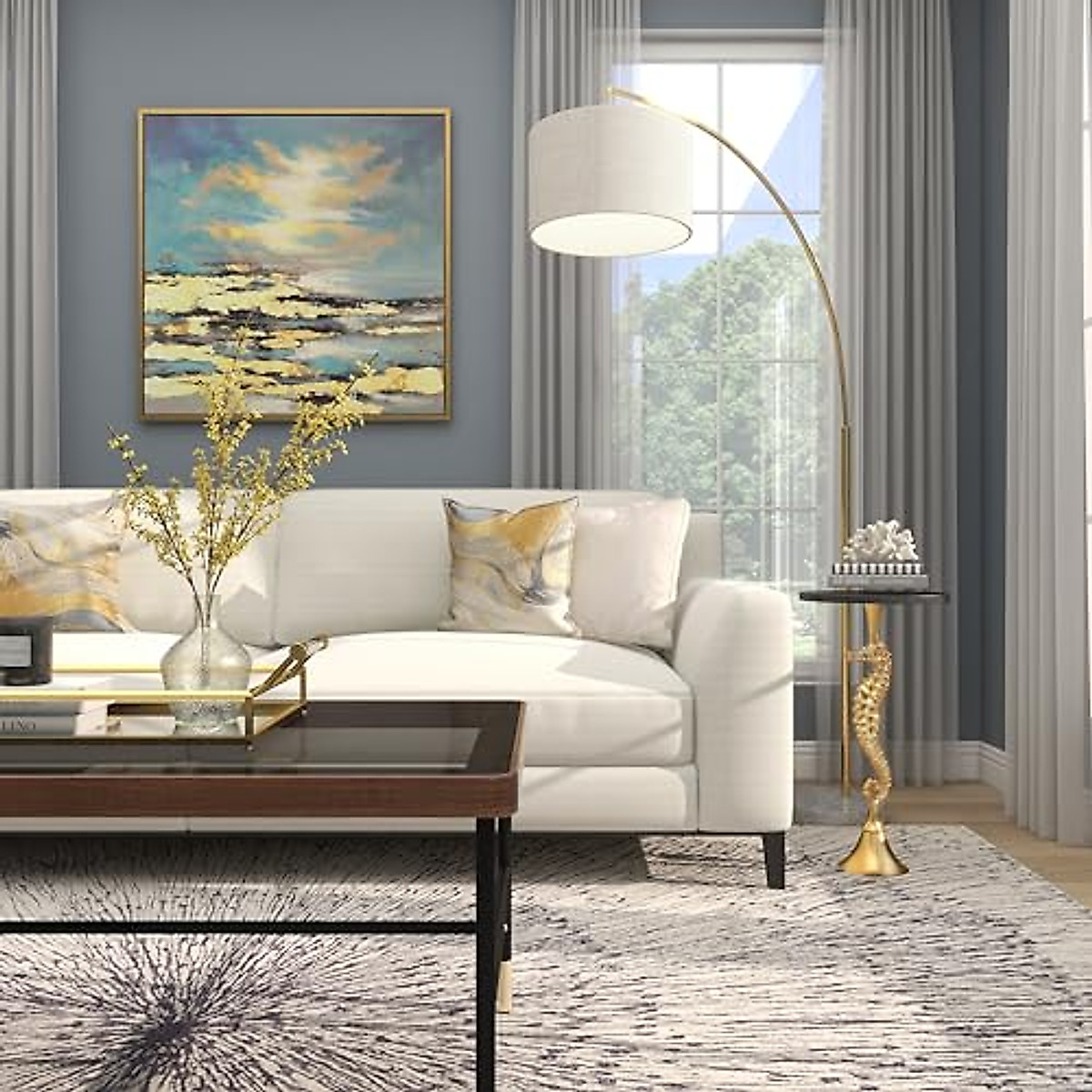 Deco 79 Aluminum Metal Sea Horse Side End Accent Table End Table with Black Marble Table Top, Side Table 13" x 13" x 25", Gold