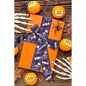 Threetols 2 Rolls 10 Yards Halloween Wired Edge Ribbon, 2.5inch Black Purple Buffalo Plaid Ribbon, Candy Skull Black White Stripe Glitter Dot Ribbon for Halloween Party DIY Craft Wreath Decor