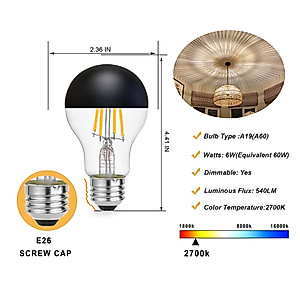 KarlunKoy Half Chrome Light Bulbs,Half Black Tipped Dimmable 6W (Equivalent 60Watt) LED Ediosn Light Bulbs,Soft White 2700K,A60/A19 Shape Anti-Glare,Decorative Mirror,CRI 90+ E26 Base (Pack of 2)