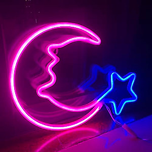 Night Lights for Kids|Neon Signs Pink Moon Blue Star LED Neon Lights for Baby Nursery Room,Wall Art Décor|USB Powered Children Lighting for Bedroom,Party,Christmas Birthday Gifts(YLX-FLA)