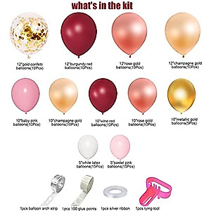 Ouddy Party Burgundy Pink Balloons Garland Arch Kit Rose Gold Champagne Gold Confetti Metallic Balloons for Women Birthday Mothers Day Bridal Shower Bachelorette Wedding Party Decorations with 4 Tools