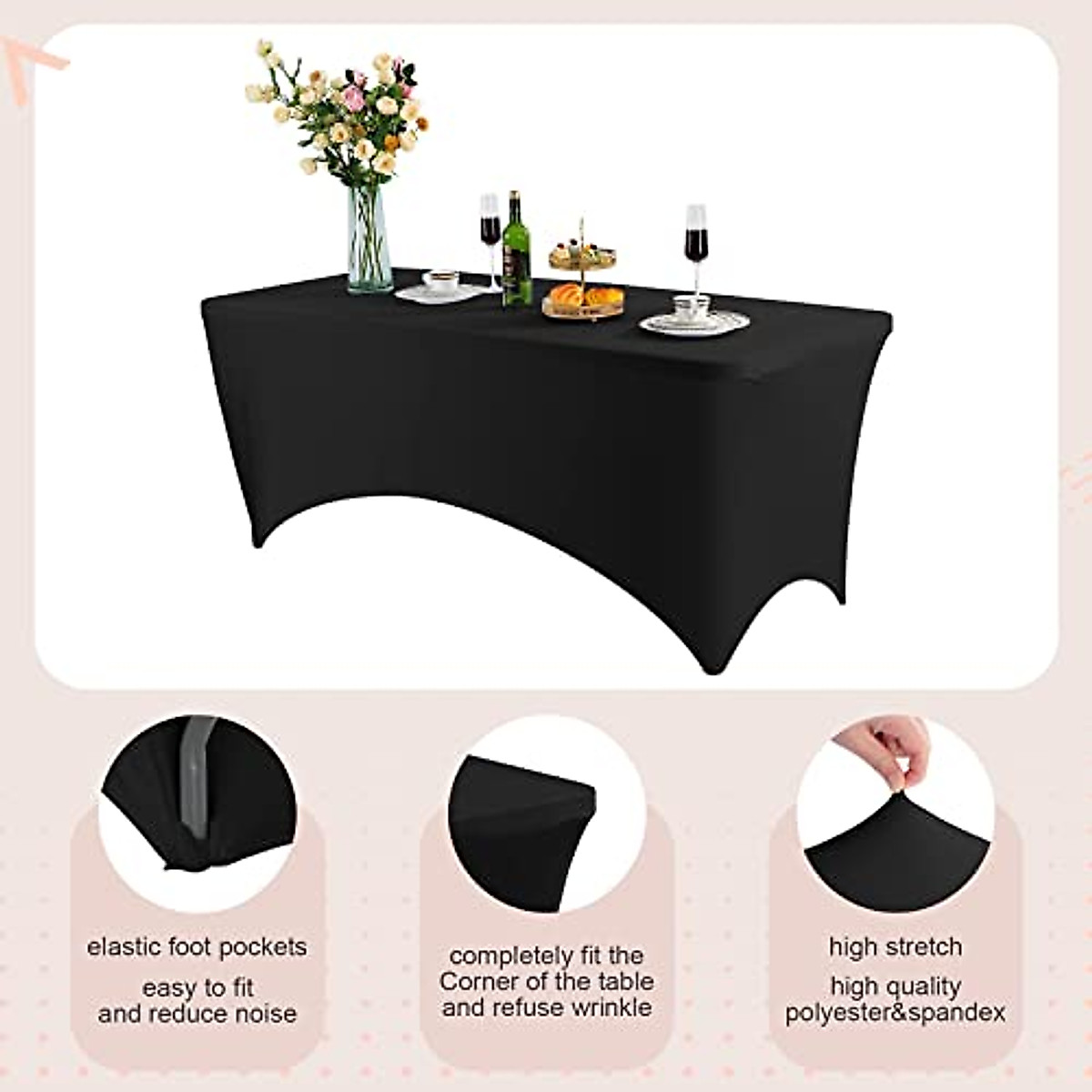 6 Pack Spandex Table Cover Fitted Spandex Tablecloths Stretch Table Cover Stretchy Table Cloth Washable Polyester Table Protector for Folding Rectangle Table, Wedding Party or Event(Black,8 Ft)