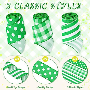 3 Rolls 15 Yards St. Patrick's Day Burlap Wired Ribbons Green Wrapping Ribbons Farmhouse Craft Ribbon Plaid Striped Dot Ribbons for Saint Patty's Day Party Irish Home DIY Crafts Holiday Decoration