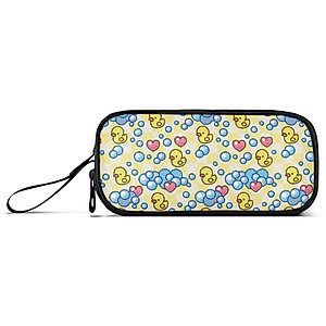 GEDAKO Big Capacity Pencil Case 3 Compartments Pen Case Canvas Bag Dog Alphabet Animal Make-up Pen Pouch for Office College School Kids Teens Student (Yellow Rubber Ducks Soap Foam and Hearts)