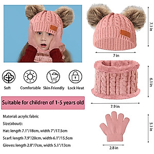 Kids Winter Beanie Hat Scarf Gloves Set, Toddlers Knit Winter Warm Double Pompom Cap Scarf Gloves for 1-5 Years Old (Pink)
