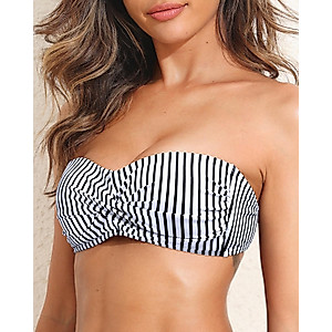 Tempt Me Women Black White Stripe Twist Bandeau Bikini Top Strapless Swimsuit Top Only M