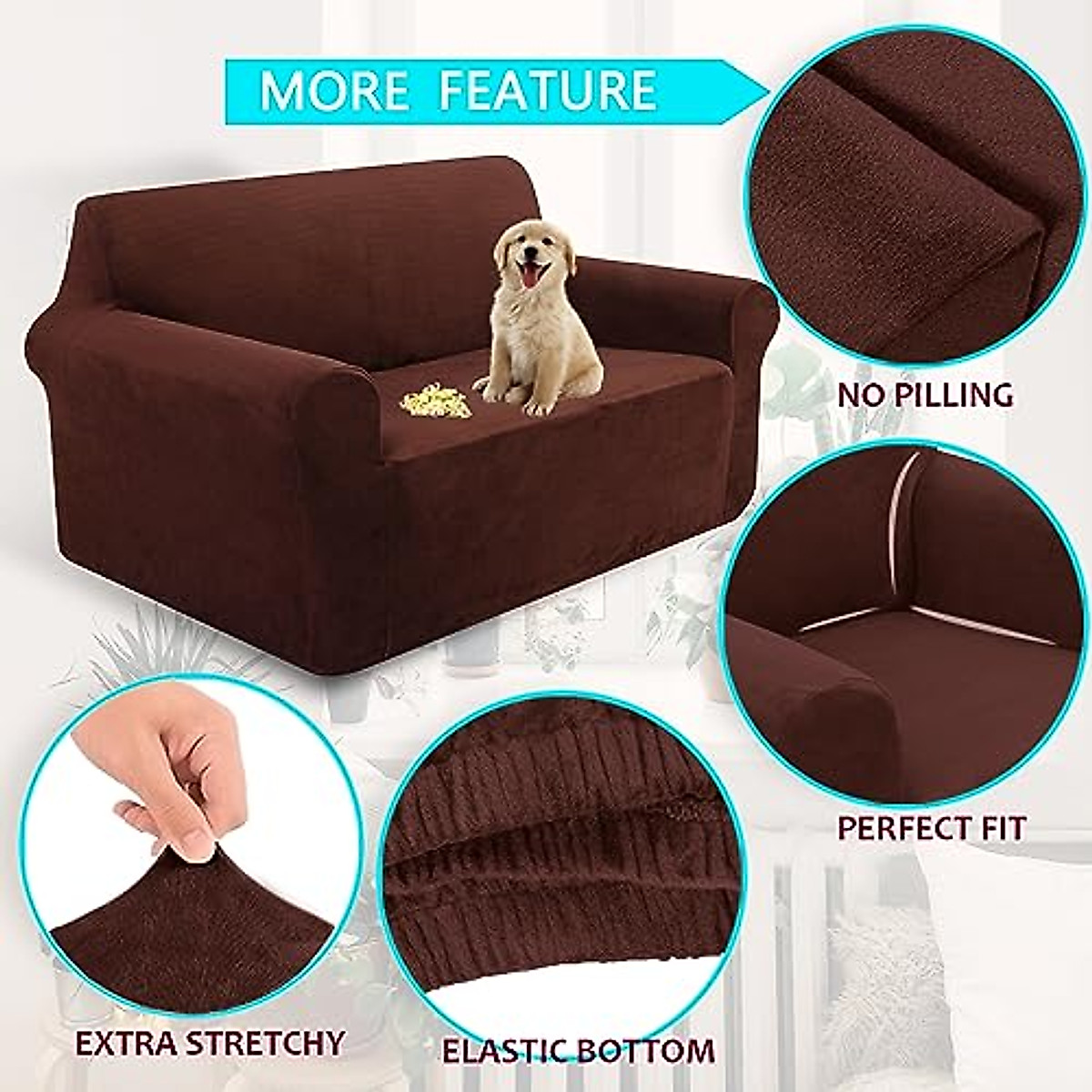 U-NICE HOME Velvet Sofa Covers Stretch Couch Covers for 3 Cushion Couch Furniture Protector Sofa Slipcover (Large, Chocolate)