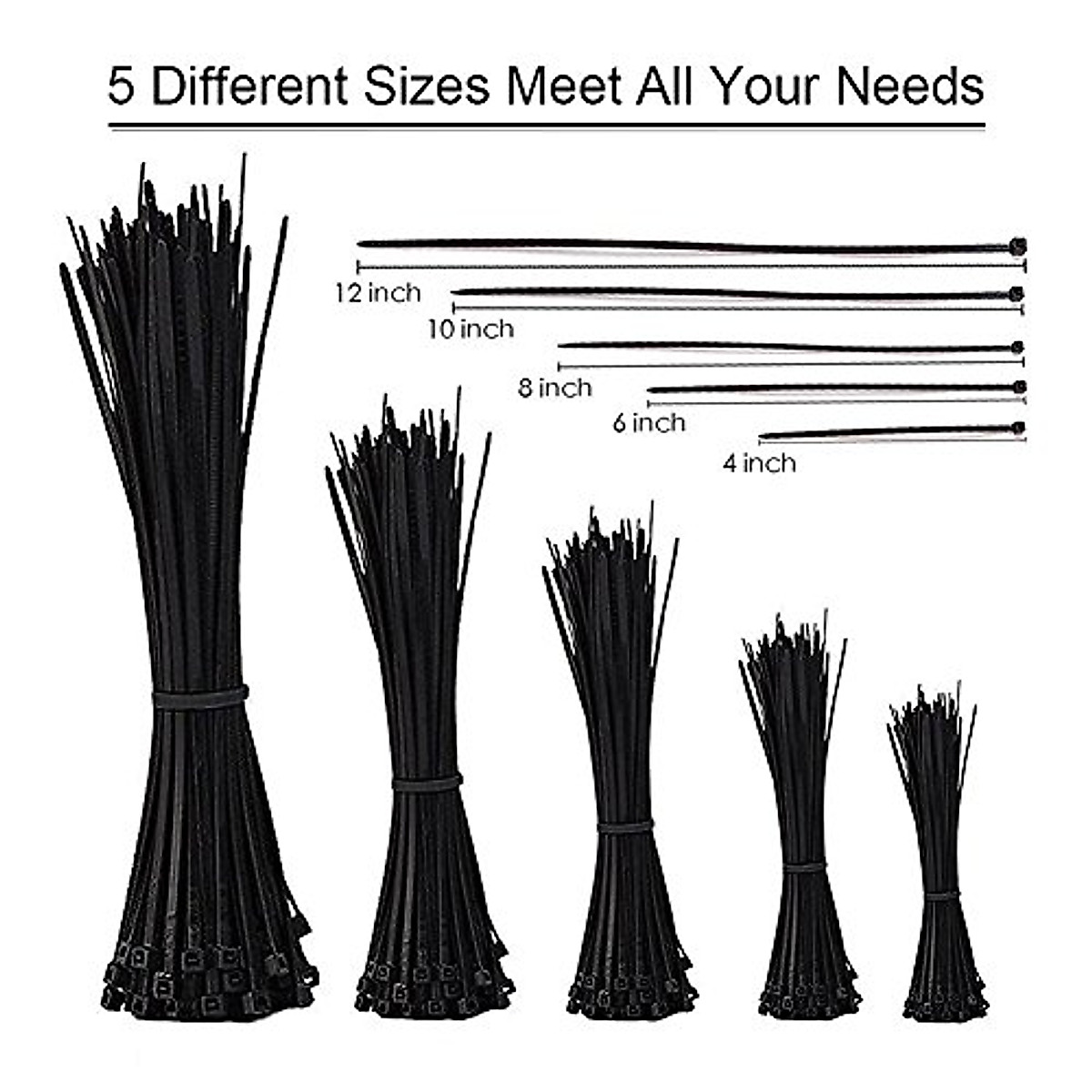 NewMainOne Cable Zip Ties,500 Packs Self-Locking 4+6+8+10+12-Inch Width 0.16inch Nylon Cable Ties,Perfect for Home,Office,Garage and Workshop (Black)