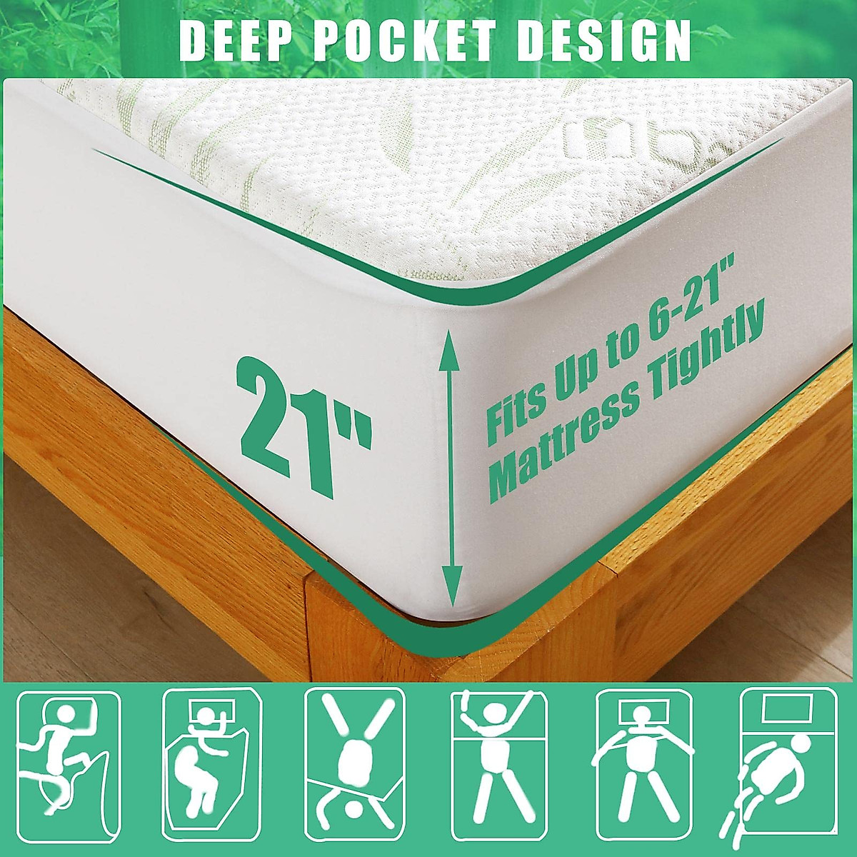 JamRest Waterproof Mattress Protector Queen Size, Viscose Cooling Breathable Mattress Cover, Fitted Deep Pocket Mattress Pad Cover Stretches up to 22 Inches, Noiseless Soft Bed Cover