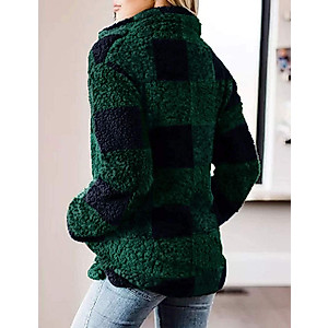 MEROKEETY Women's Plaid Sherpa Fleece Zip Sweatshirt Long Sleeve Pullover Jacket, Green, L