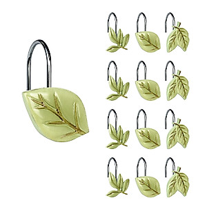 Green Plant Leaves Decorative Shower Curtain Hooks, Tropical Botanical Plam Tree Leaf Shower Curtain Rings for Bathroom, Resin, Cute Shower Curtain Hanger Hooks Bathroom Decor, Set of 12