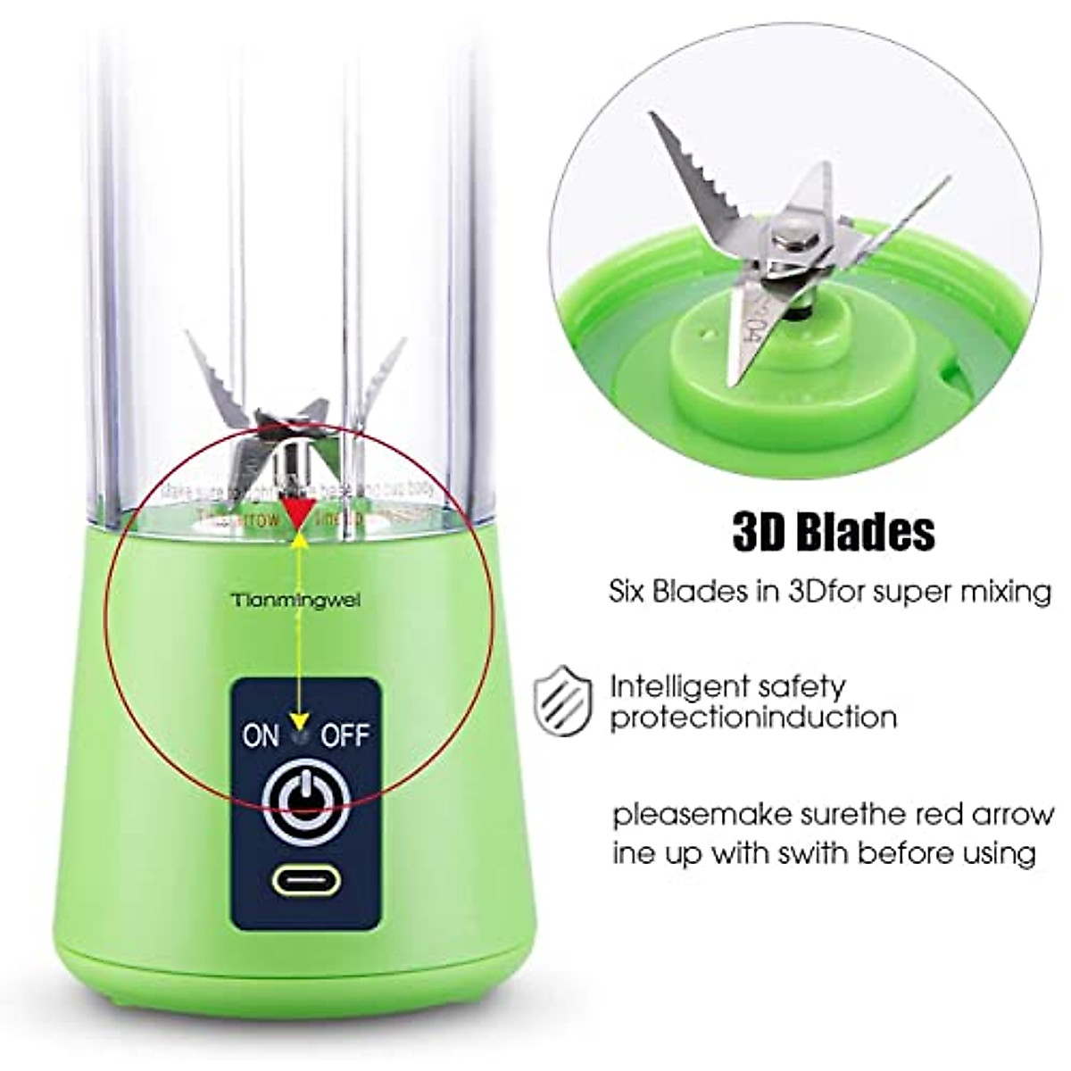 Tianmingwei Portable Blender Personal 6 Blades Juicer Cup Household Fruit Mixer with Magnetic Secure Switch USB Charger Cable 400ml (Green)