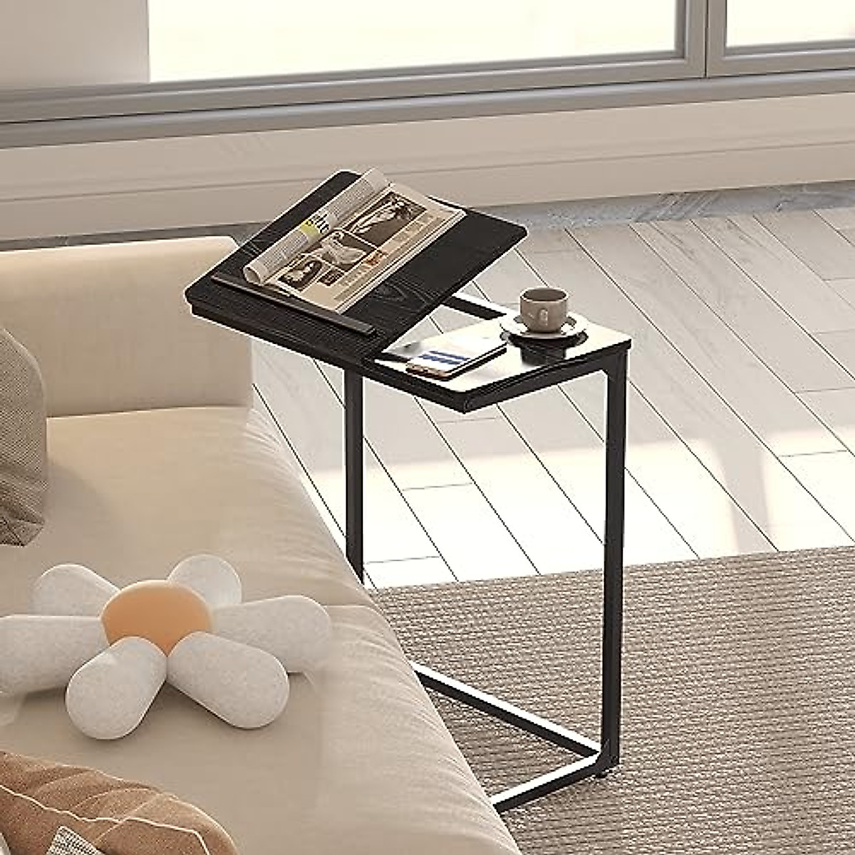 YELNOKU Couch Desk with Lockable Wheels, Slide Sofa Desk with Tiltable Drawing Board, Over Couch Arm Side Table Desk for Eating and Laptops, Portable Ergonomic Laptop Stand for Home Office Work, Black