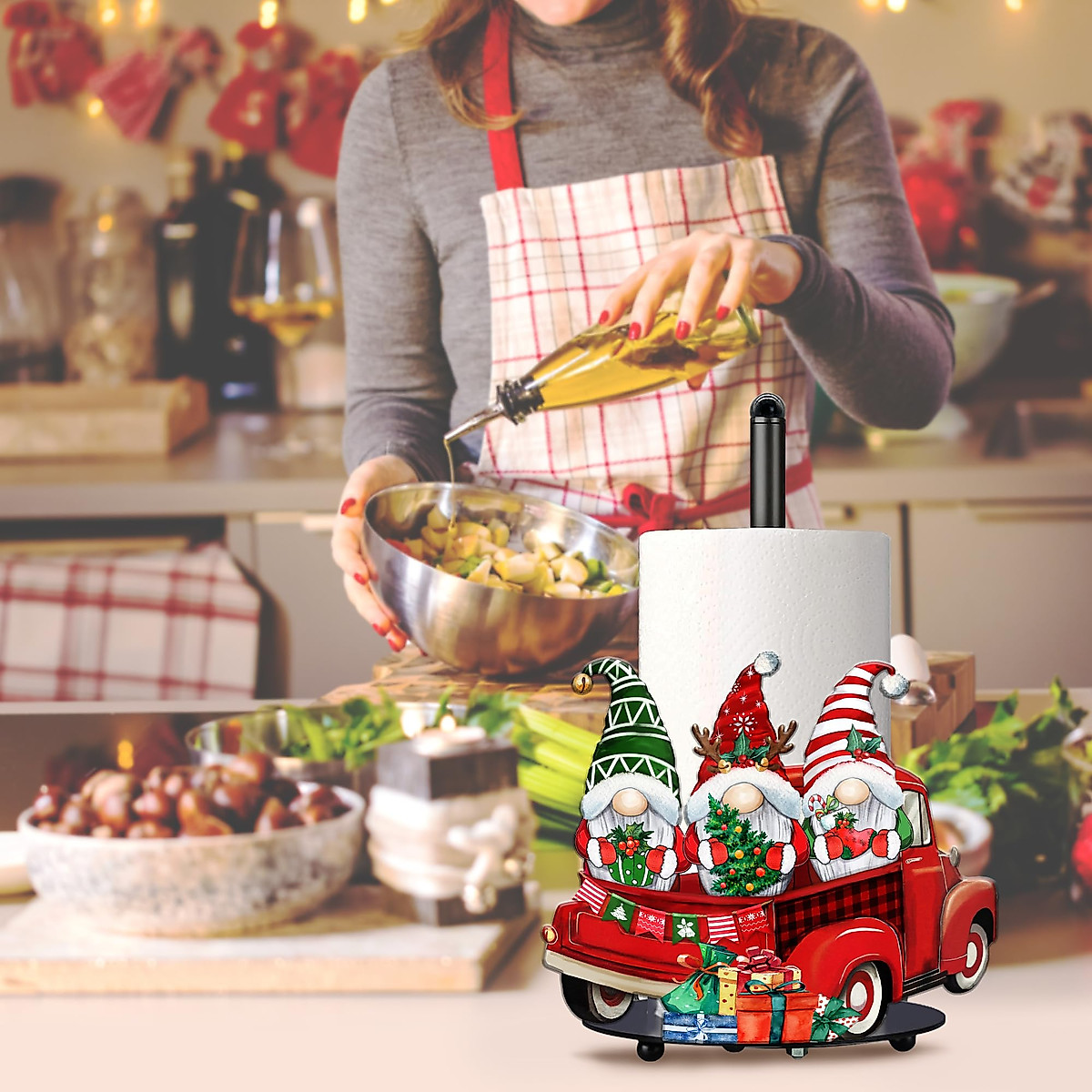 Christmas Paper Towel Holder, Gnome Red Truck Christmas Decorations Indoor Metal Paper Towel Holders for Kitchen Countertop Bathroom Home, Christmas Decor Gnome Gifts for Women Men 6.7x6.7x13.4 inch