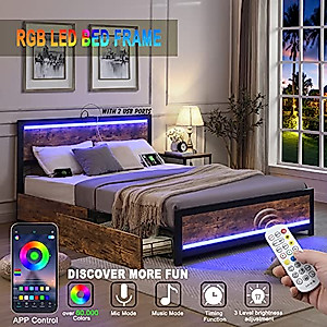 Full Size Bed Frame with 4 Storage Drawers, Metal Platform Storage Bed, LED Bed Frame with Headboard and Charging Station, Rustic Wood Platform Bed with Storage, Easy Assemble, No Need Box Spring