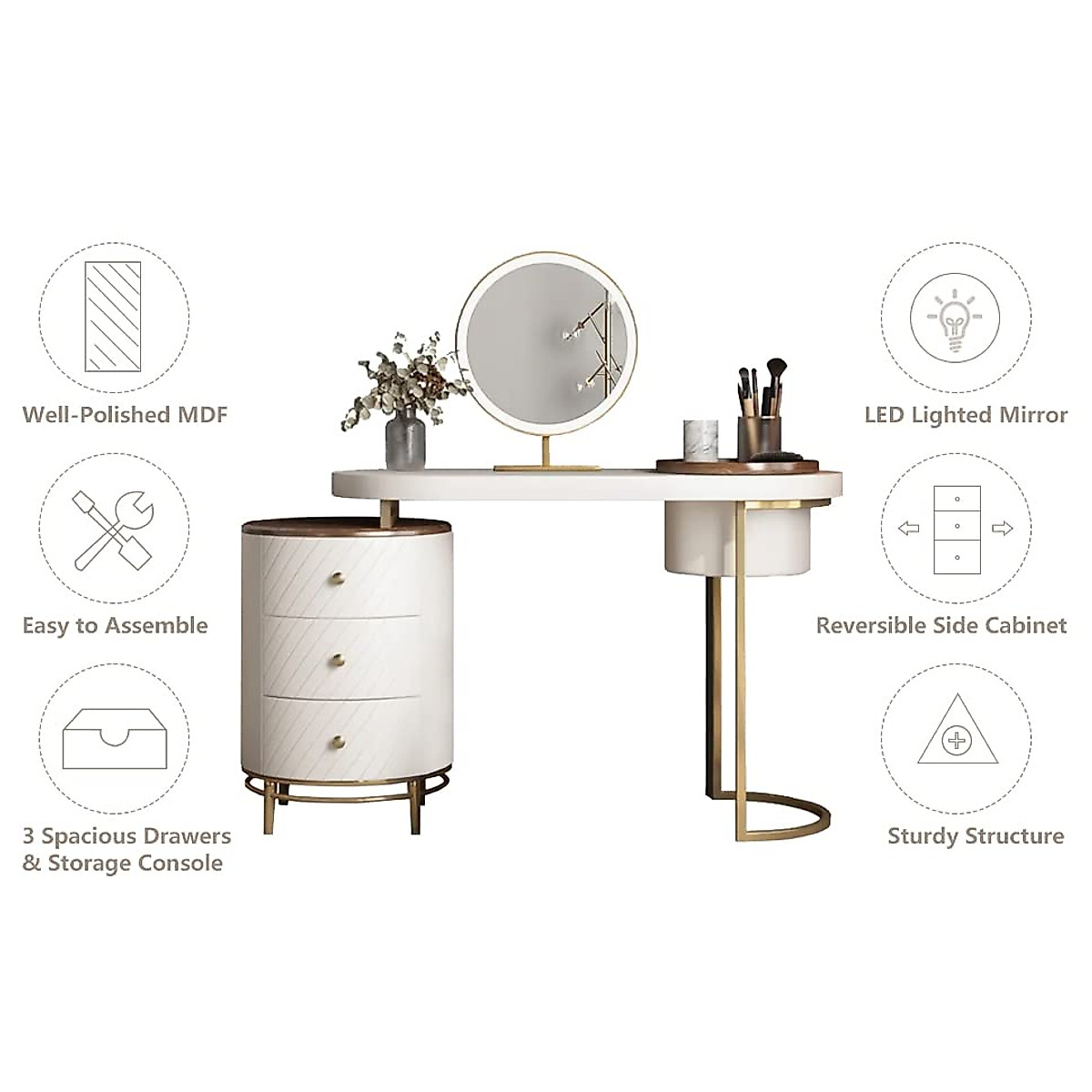 Anwickhomk Dresser Table, Vanity Corner Makeup Table Set Women Makeup,Mirror with LED Lights Desk and Chair,Modern Dressing Table Sintered Stone, with Stool, 5 Pine Wood Drawers,47.24'' White